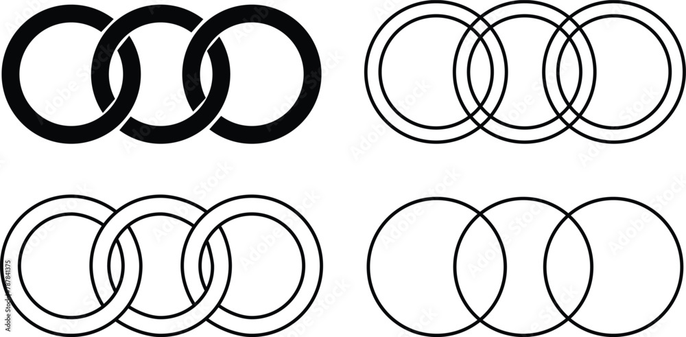 Icon of interlocking circles set. Filter, borromean rings, trinity ...