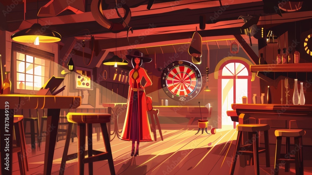 Cartoon woman on cowboy saloon background, wooden tables and darts on ...