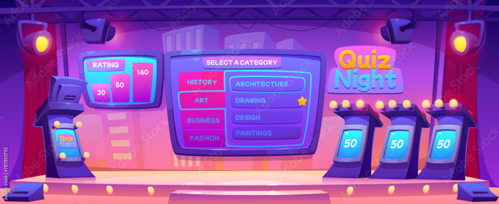 Quiz tv show stage with contest participants and presenter platforms ...