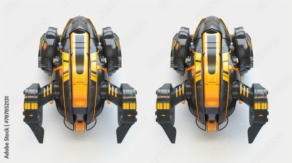 The top, side, and bottom views are of a jetpack with fire and yellow ...