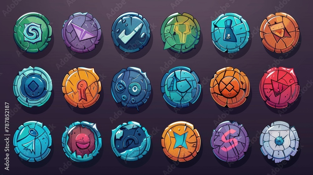 Modern cartoon set of circle rock buttons with signs showing search ...