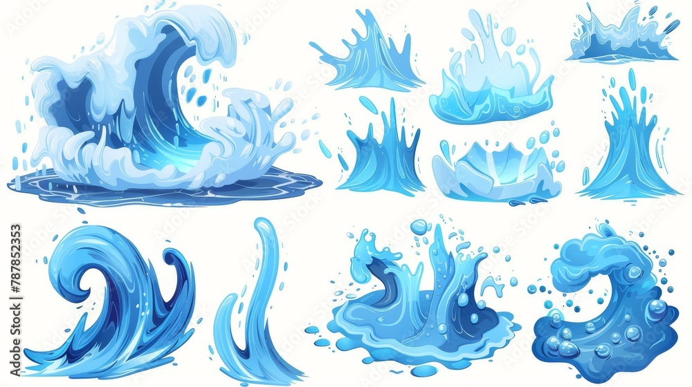 Modern cartoon set of flowing water streams, surging tide, falling ...