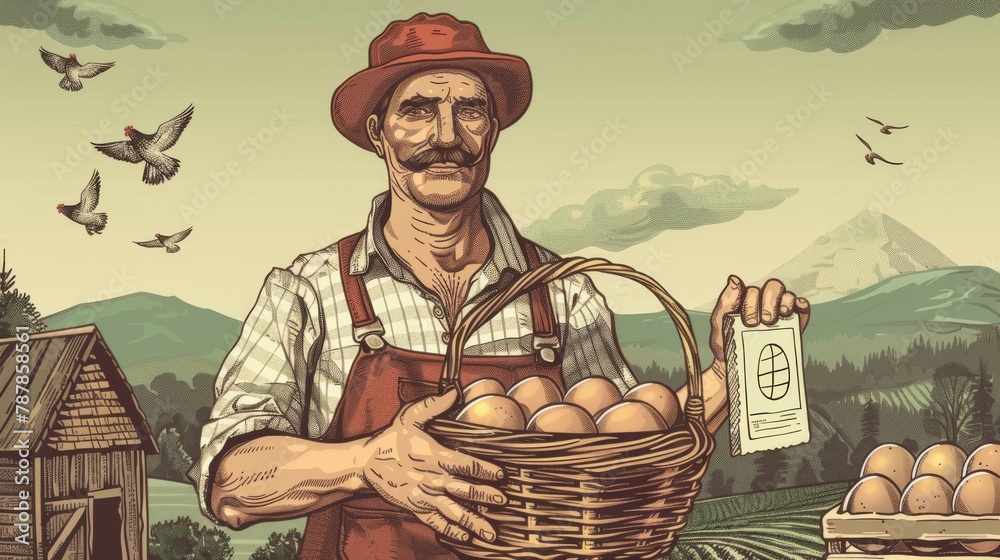 This vintage advertisement template features a stock farmer holding a ...