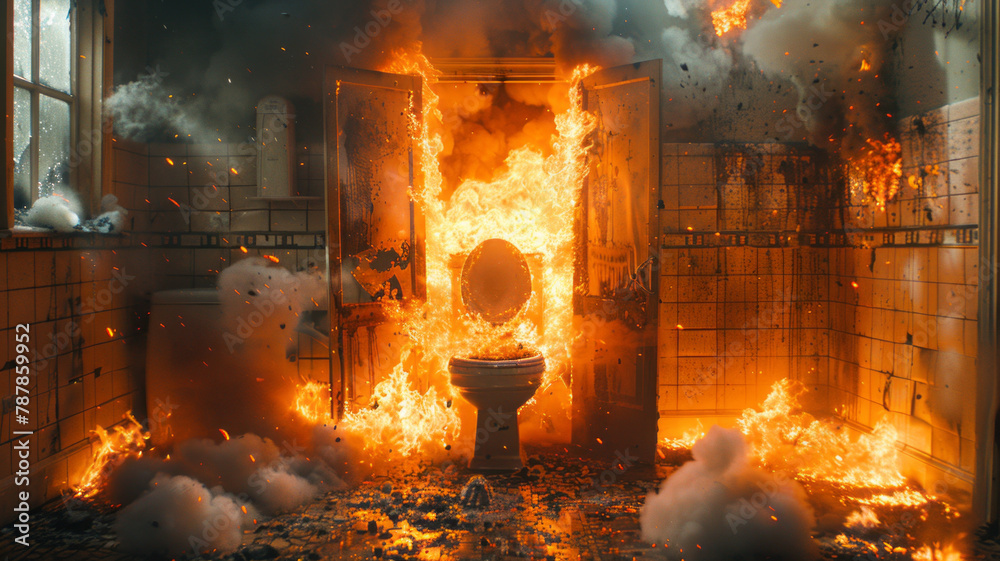 an office toilet cubicle in flames after being hit by a tank shell ...