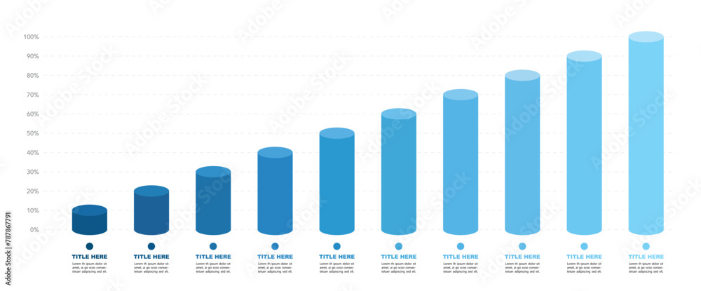 Blue gradient slim chart bars template, 10%-100% number text. Flat ...