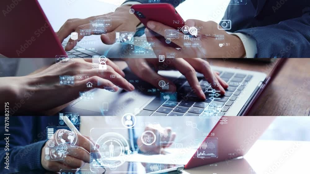 Collage of people using computers and digital technology concept ...