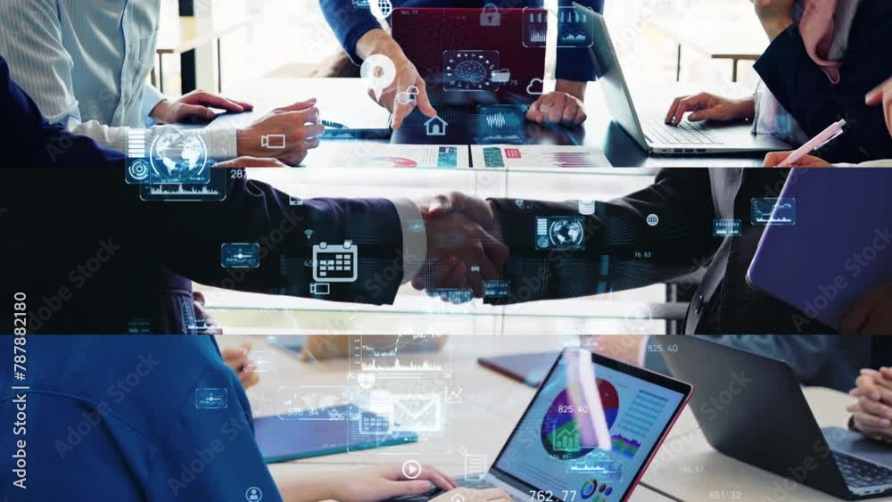 Collage of various business scenes and digital technology concept ...