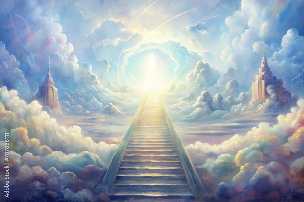 Stairs leading to heaven, white clouds and blue sky background, light ...