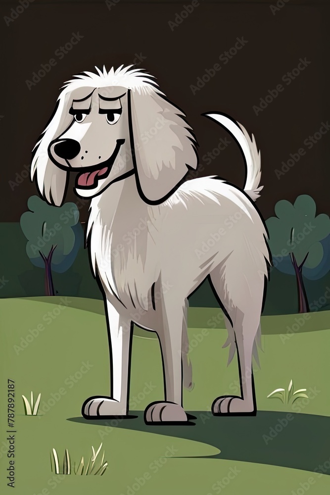 A simple, flat cartoon illustration of a sick shaggy dog pooping on the ...