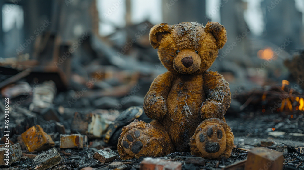 children's teddy bear toy over a burned city, destruction of the ...