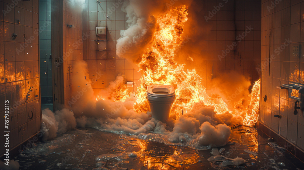 an office toilet cubicle in flames after being hit by a tank shell ...