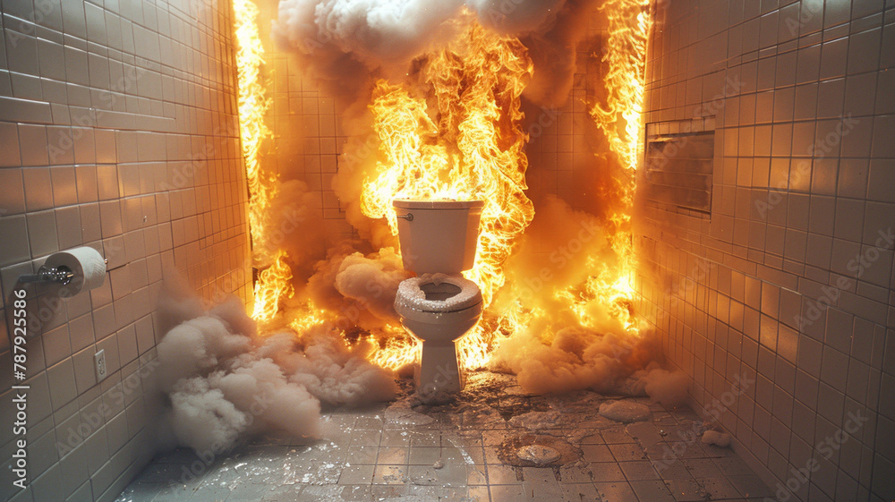 an office toilet cubicle in flames after being hit by a tank shell ...