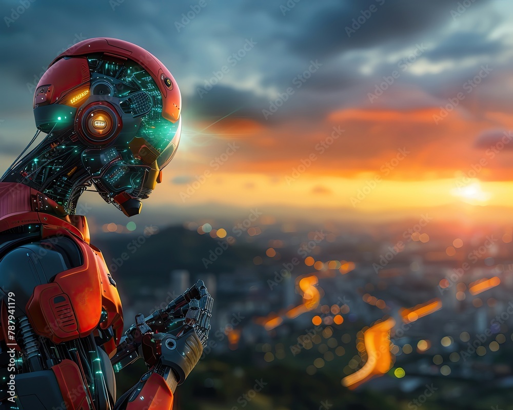 Capture a sleek, metallic cyborg figure with intricate neural ...