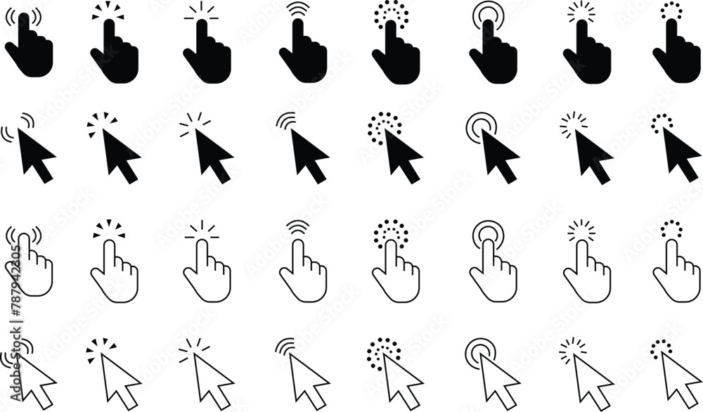 Set of Computer mouse click cursor icons flat styles with editable ...