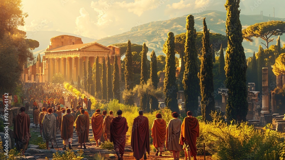 Roman citizens from the past enjoying leisure activities, depicted as ...