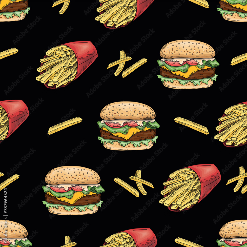 Vector Hand Drawn Burger and French Fries Seamless Pattern Engraving ...