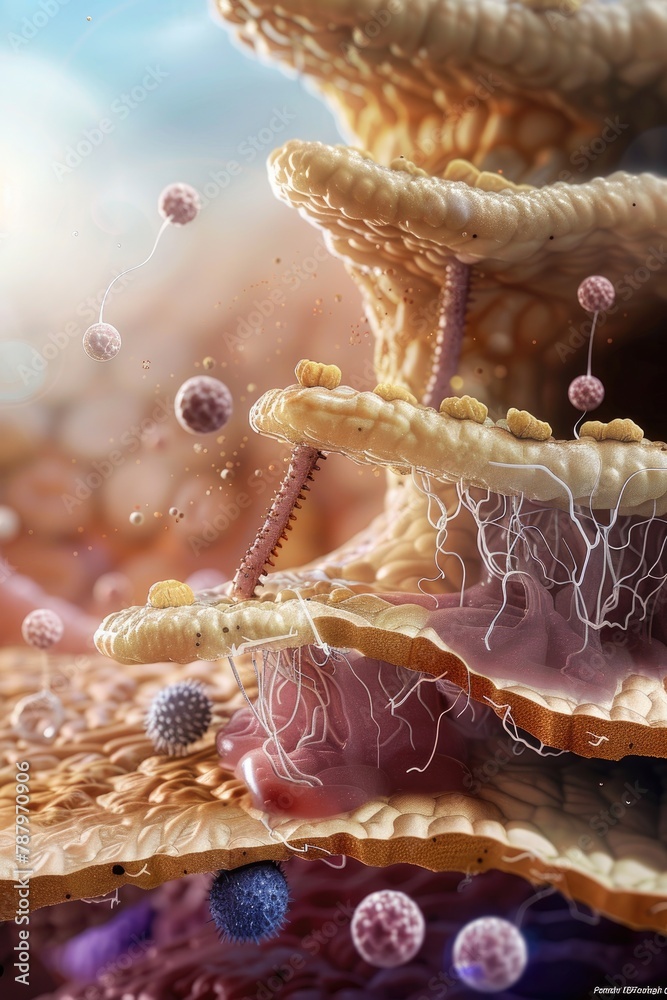 A detailed view of a sweat gland in action, showing sweat production ...