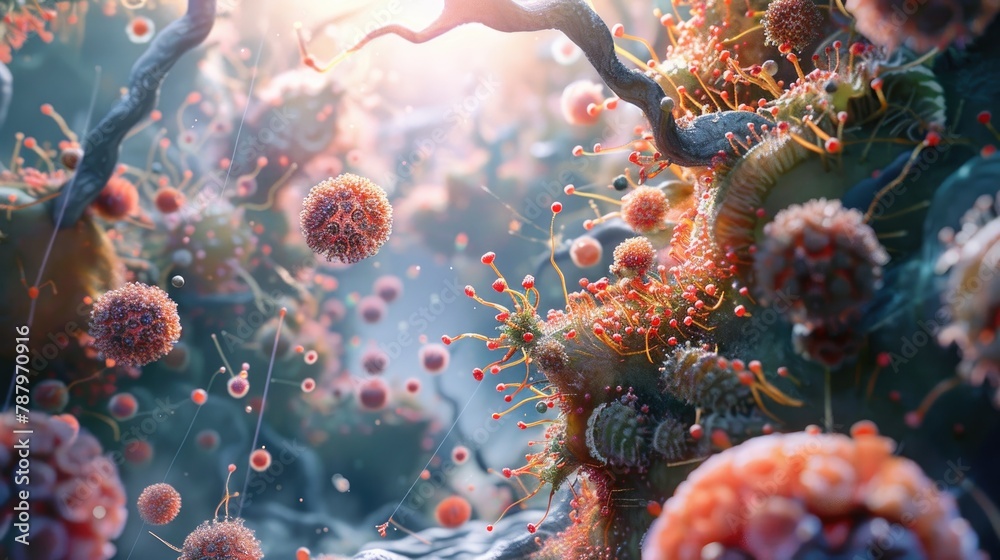A detailed visualization of allergic reactions at the cellular level in skin, with mast cells ...