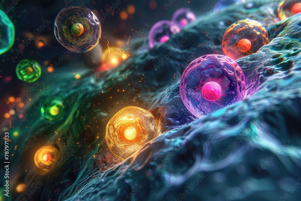 An artistic representation of skin cell regeneration, featuring vibrant ...