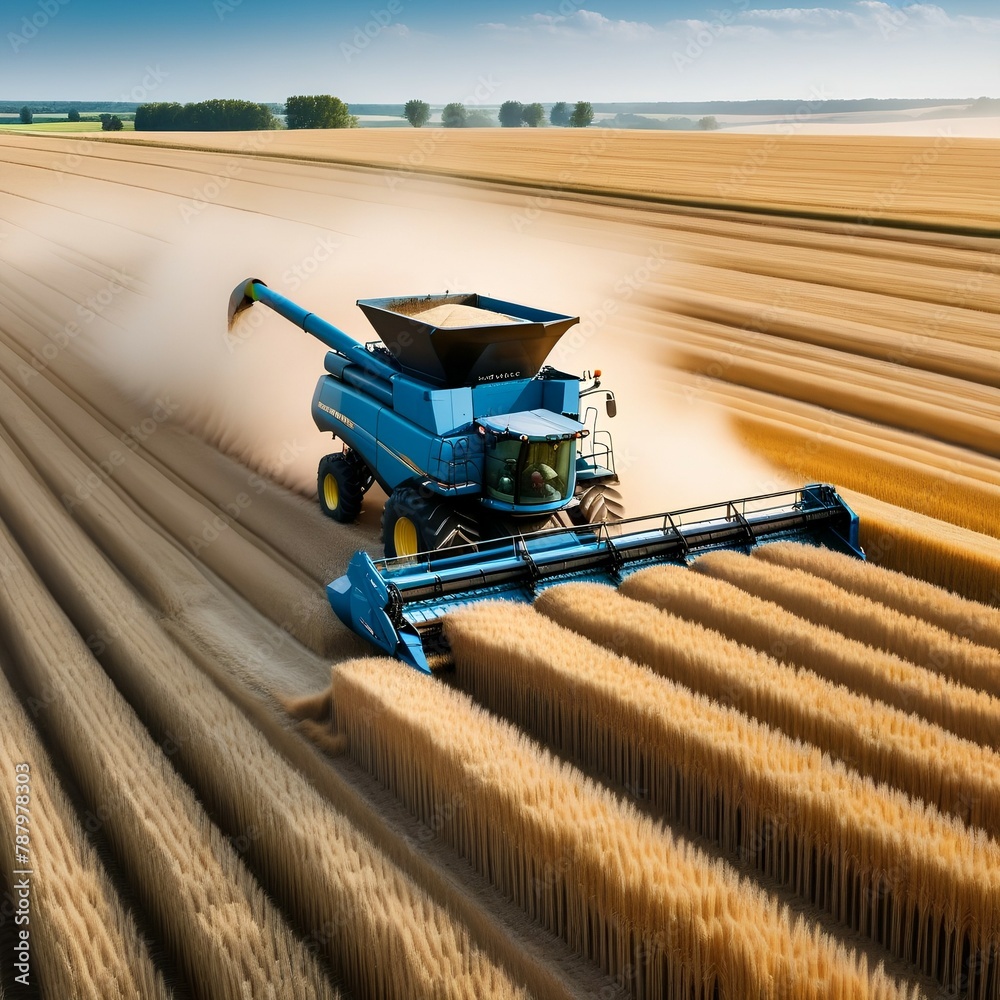 Tractor with trailer working in tandem alongside a working combine ...