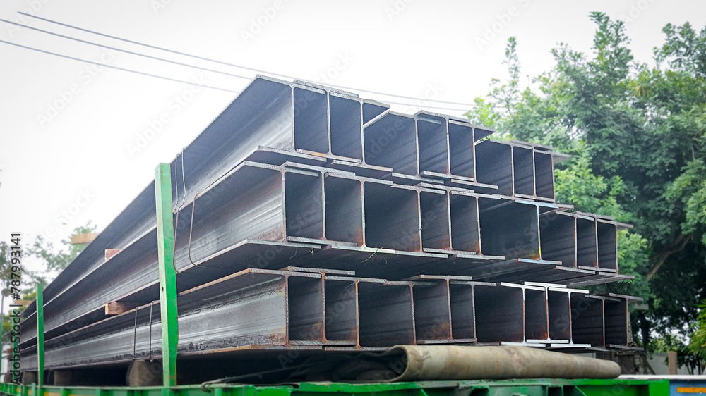 Metal forming steel beams at the metal products warehouse, H-beam steel ...