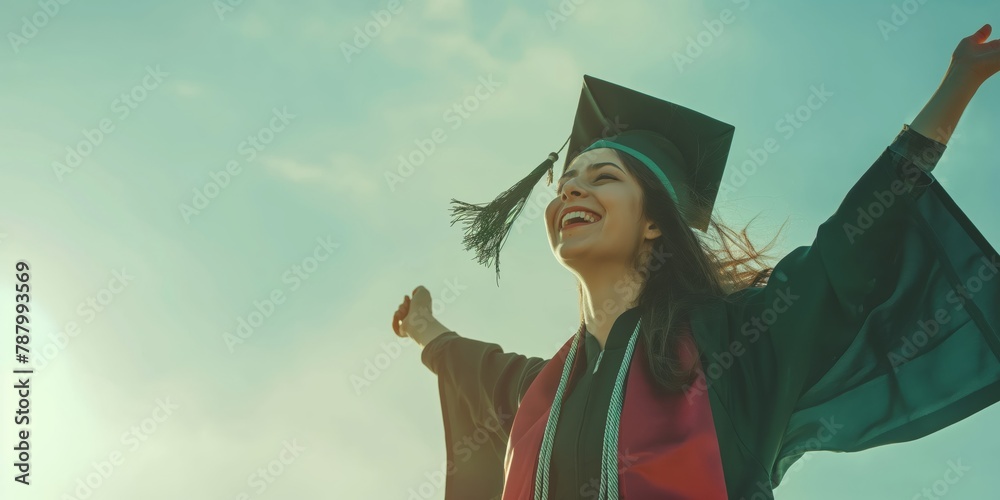 Exuberant graduate in cap and gown celebrates with arms raised against ...