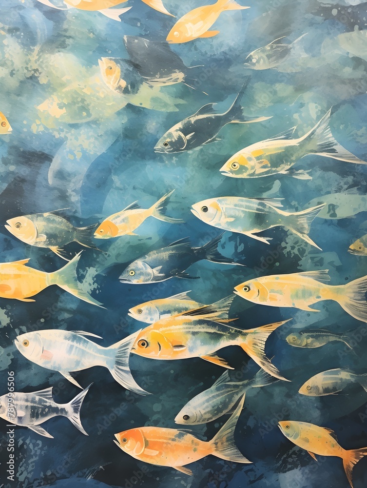 Nordic Aesthetic Ocean with a school of fishes digital art painting ...
