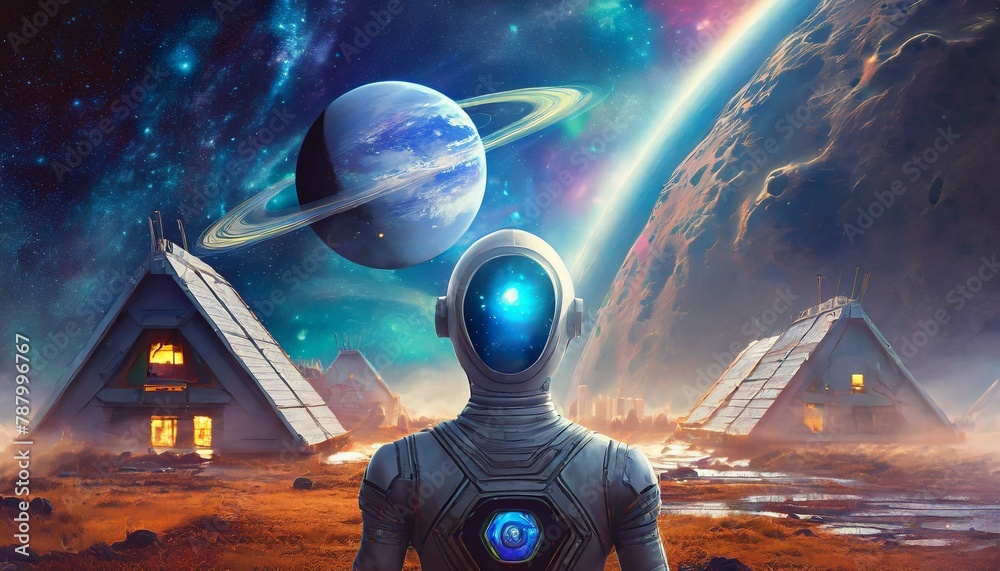 Alien persona with alien planet background and microwaves of light and ...