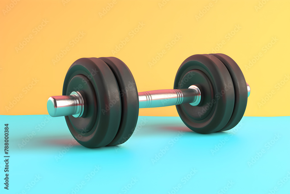 Cute 3d fitness dumbbell cartoon on colored background with copy space ...
