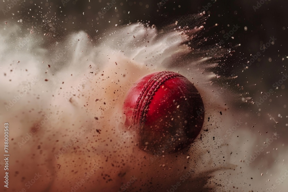 Red cricket ball in motion with dust exploding around it, Cricket sport ...