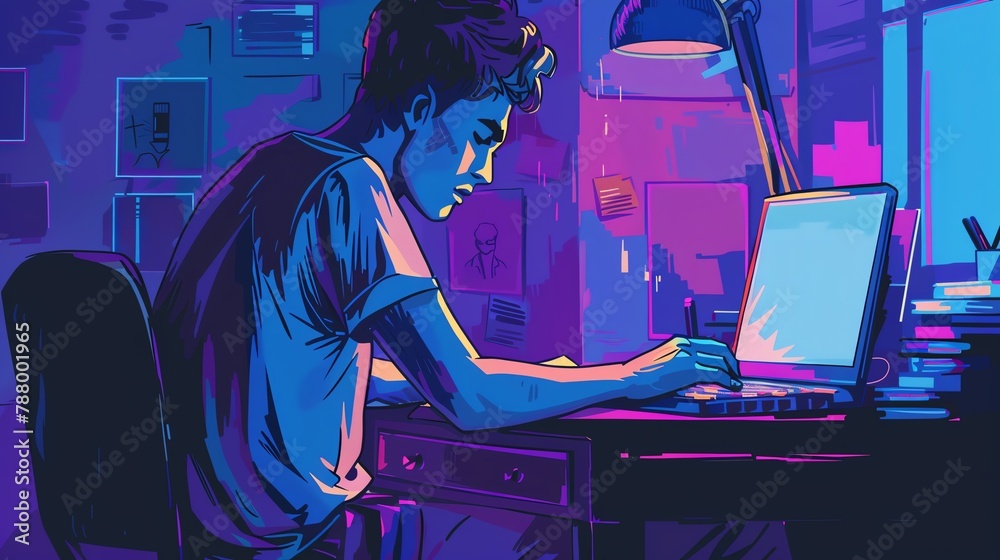 Programmer Working Late Night in Vibrant Office - An intense dedication ...