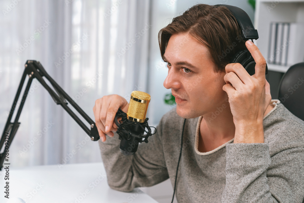 Host channel in smiling smart broadcaster recording, talking show with ...