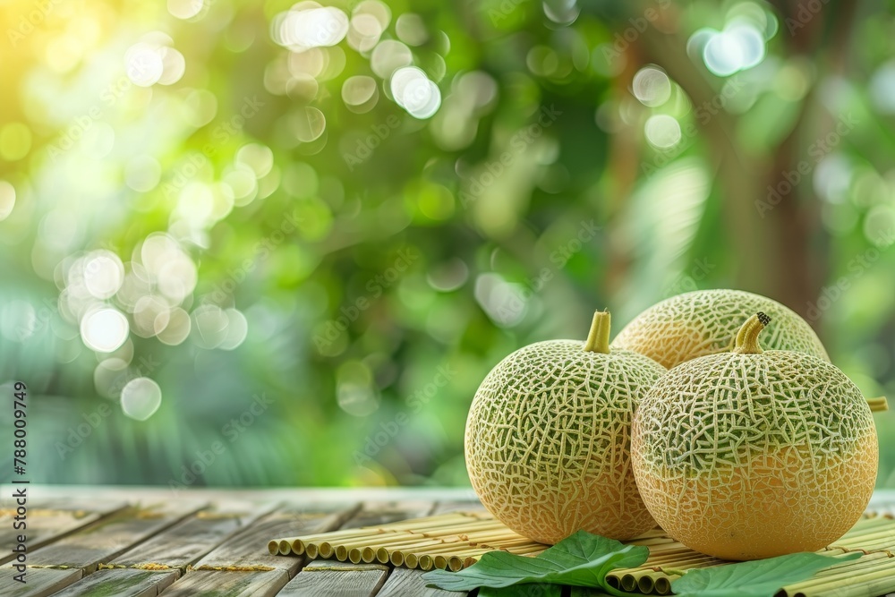 Cantaloupe Crown Melons on bamboo mat in garden with green background ...
