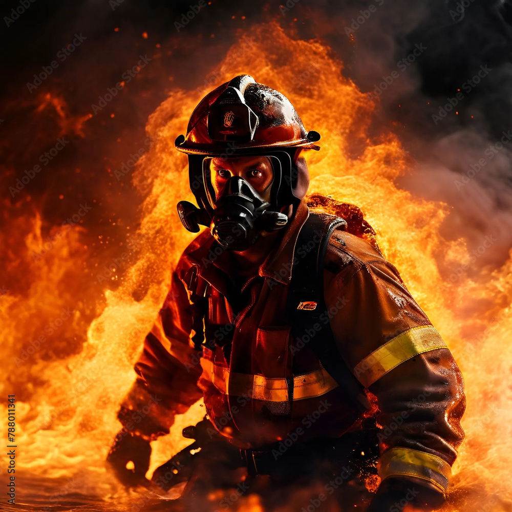 A male firefighter in a special outfit against the background of flames ...