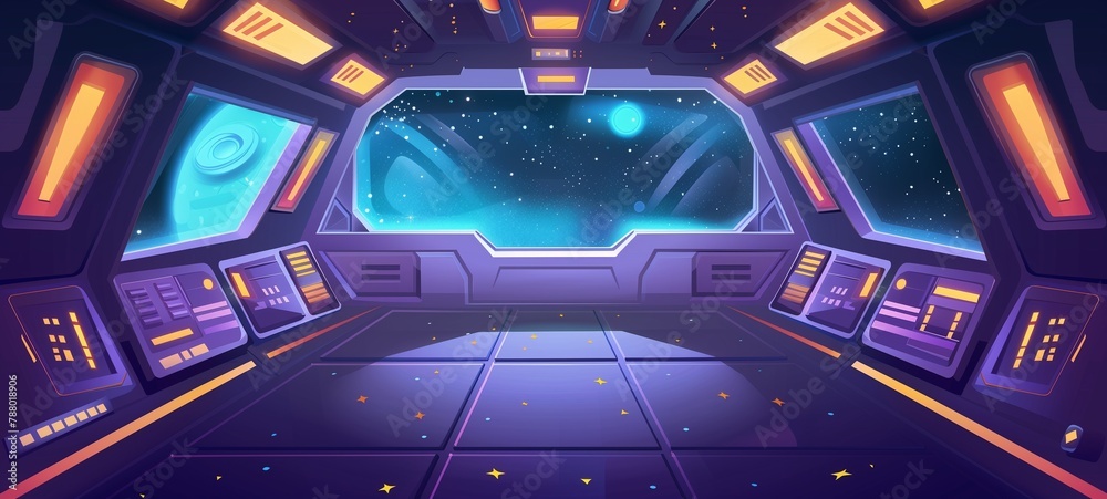 Spaceship interior. Cartoon illustration of a futuristic space station ...