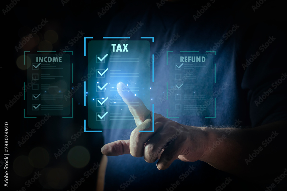 E-tax, Man pointing to tax icon for Individual income tax return form ...