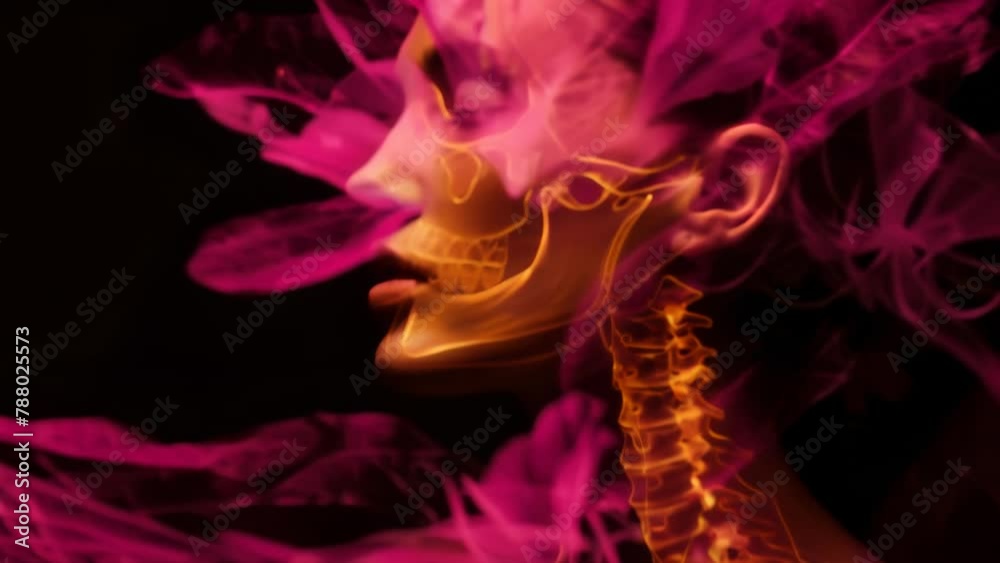 Close-up image of a human neck emerging from a black background. The ...