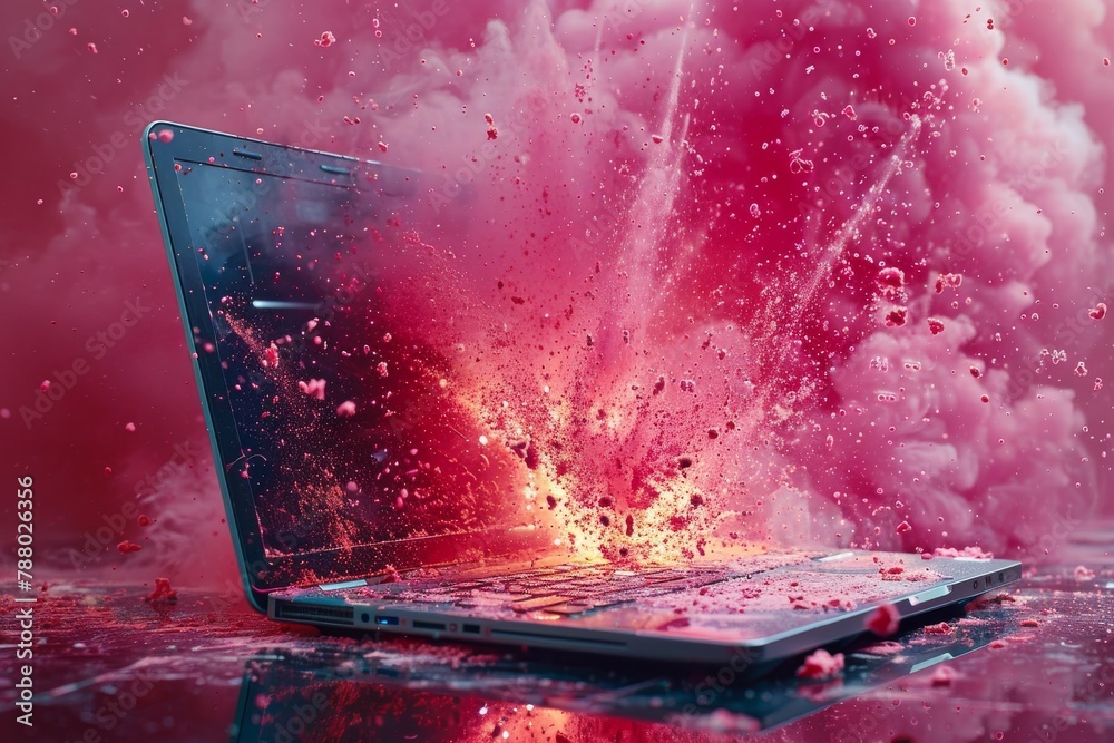 A high-energy image capturing a laptop exploding with a dynamic red ...
