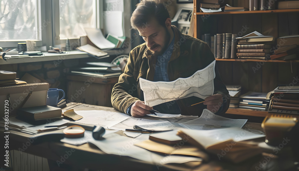 Clipart of a cartographer creating detailed maps in a cozy study ar7 4 ...