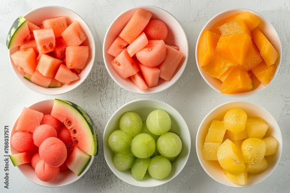 Freshly cut melon slices and balls in white bowls including Galia honey ...