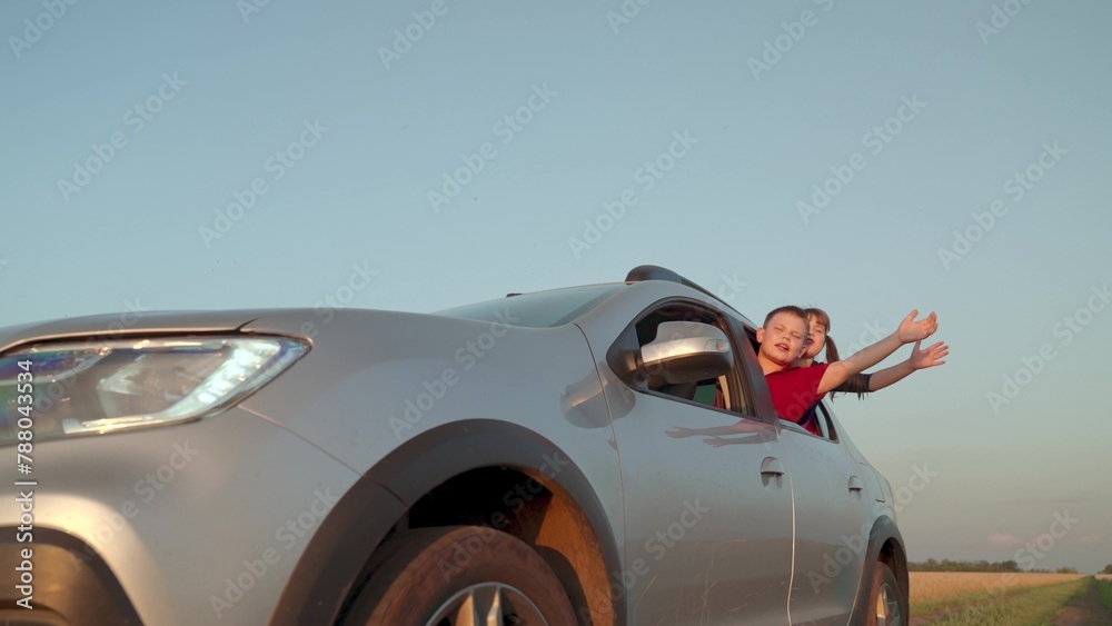 boy girl car window cheerfully waving hands, happy children journey ...