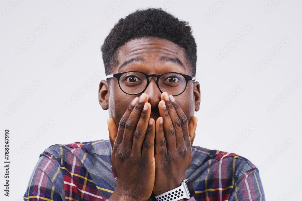 Studio background, shocked and black man in portrait with mockup space ...