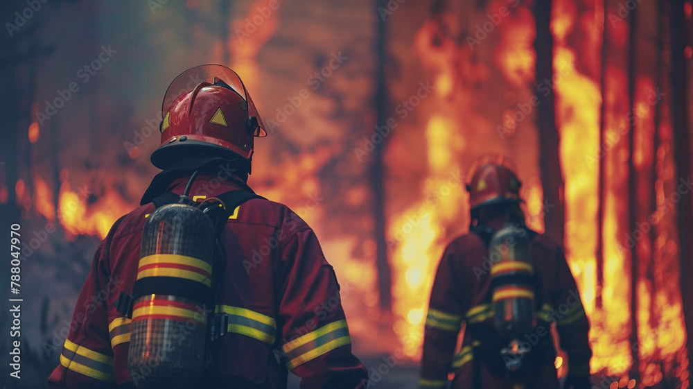 firefighters face a raging house fire, their silhouettes set against ...