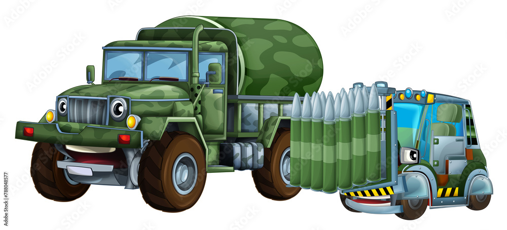 cartoon scene with two military army cars vehicles with forklift theme ...