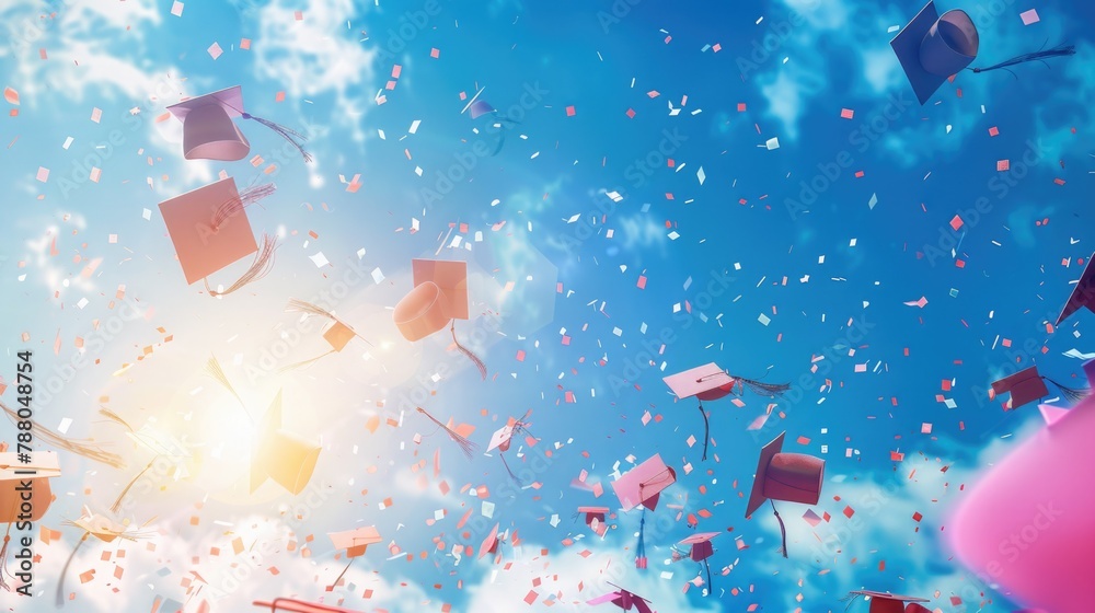 Graduation celebration background with flying caps and diplomas against ...