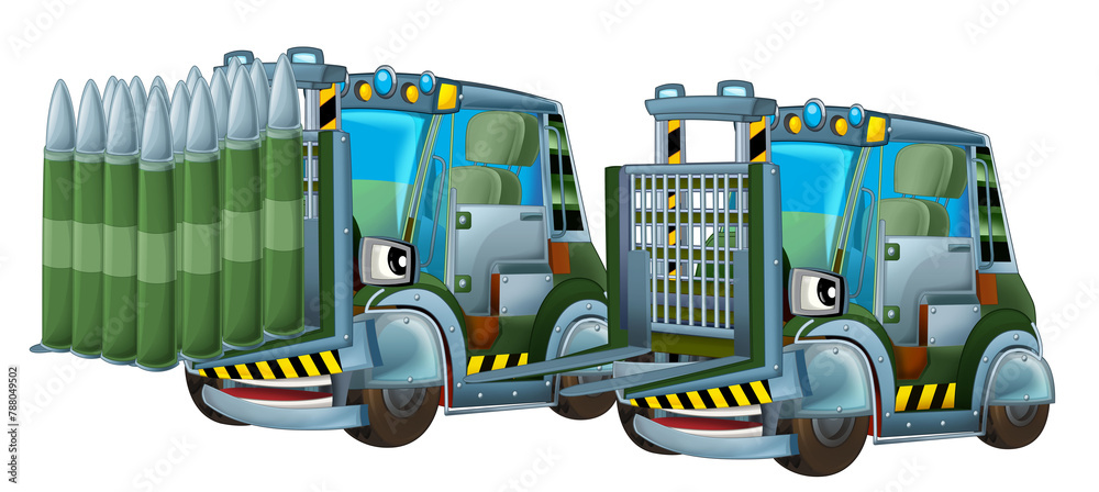 cartoon scene with two military army cars vehicles with forklift theme ...