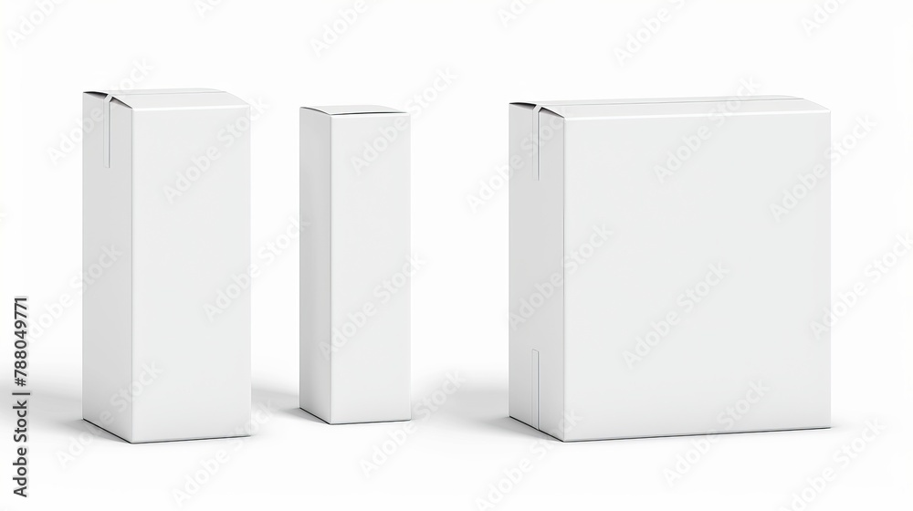 A set of tall white box product packaging in both side view and front ...