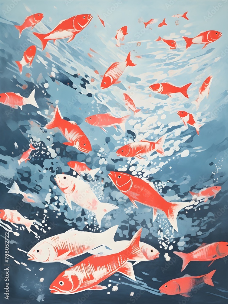 Nordic Aesthetic Ocean with a school of fishes digital art painting ...