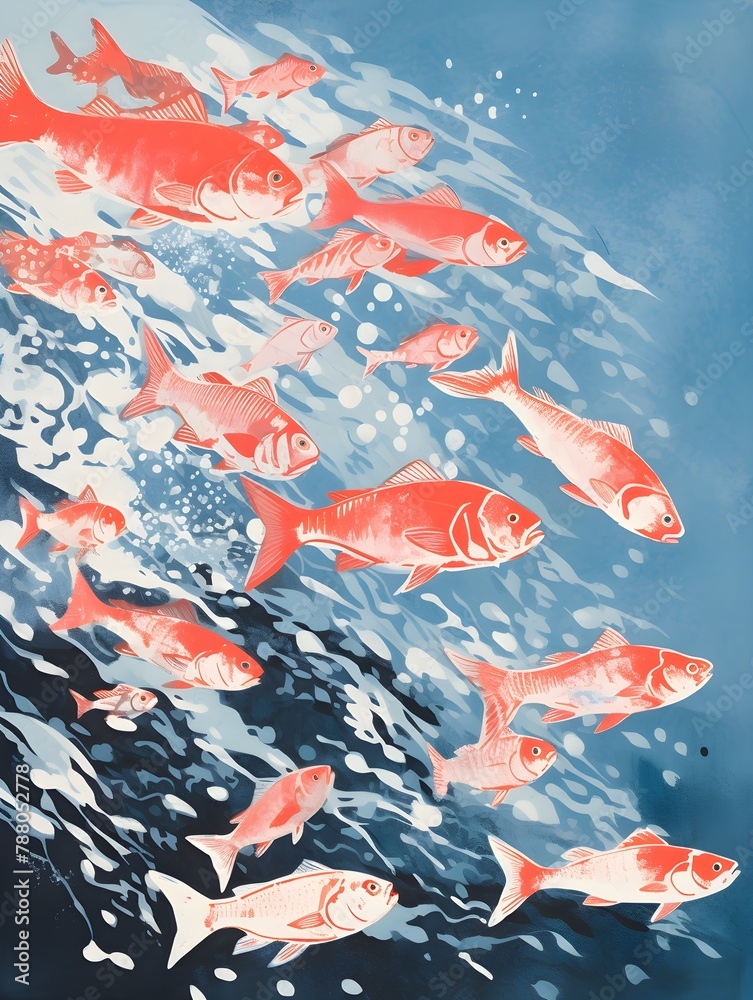 Nordic Aesthetic Ocean with a school of fishes digital art painting ...