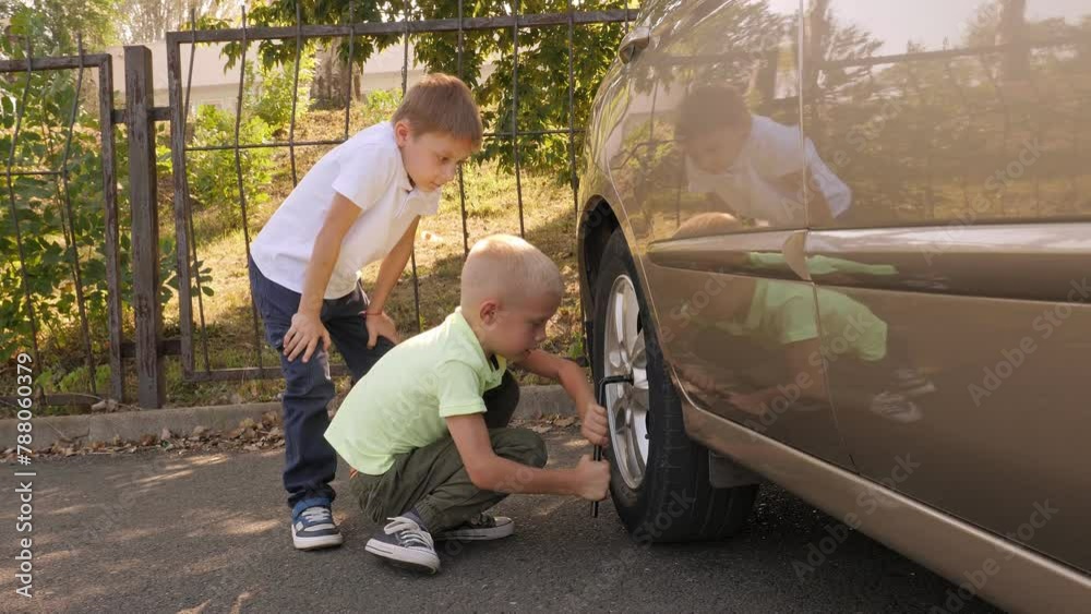 Two little brothers help Dad fix the car, they unscrew the bolts on the ...
